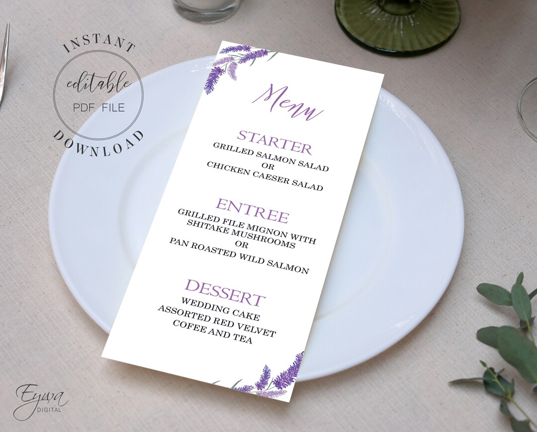 Lavender Wedding Menu Template Editable Dinner Menu Floral Purple Menu ...