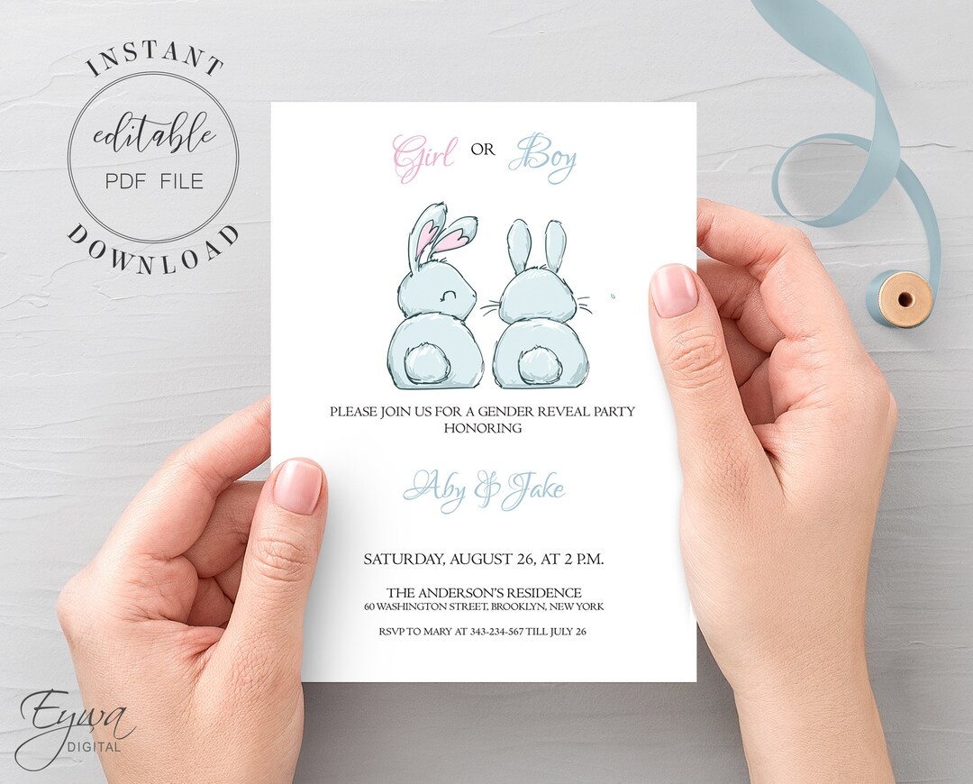 Cute Rabbits Gender Reveal Party Invitation Template Editable Bunnies ...