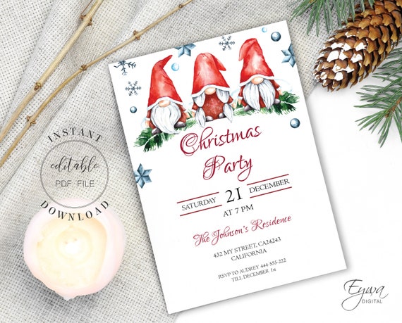 Christmas Gnomes Party Invitation Template Holiday Dinner - Etsy