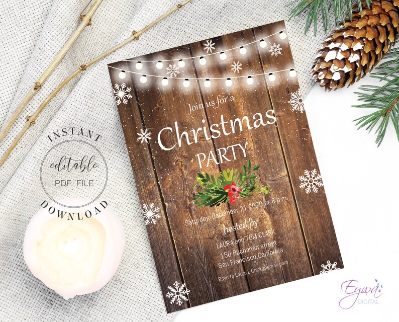 Rustic Christmas Party Invitation Template Editable Sparkly - Etsy