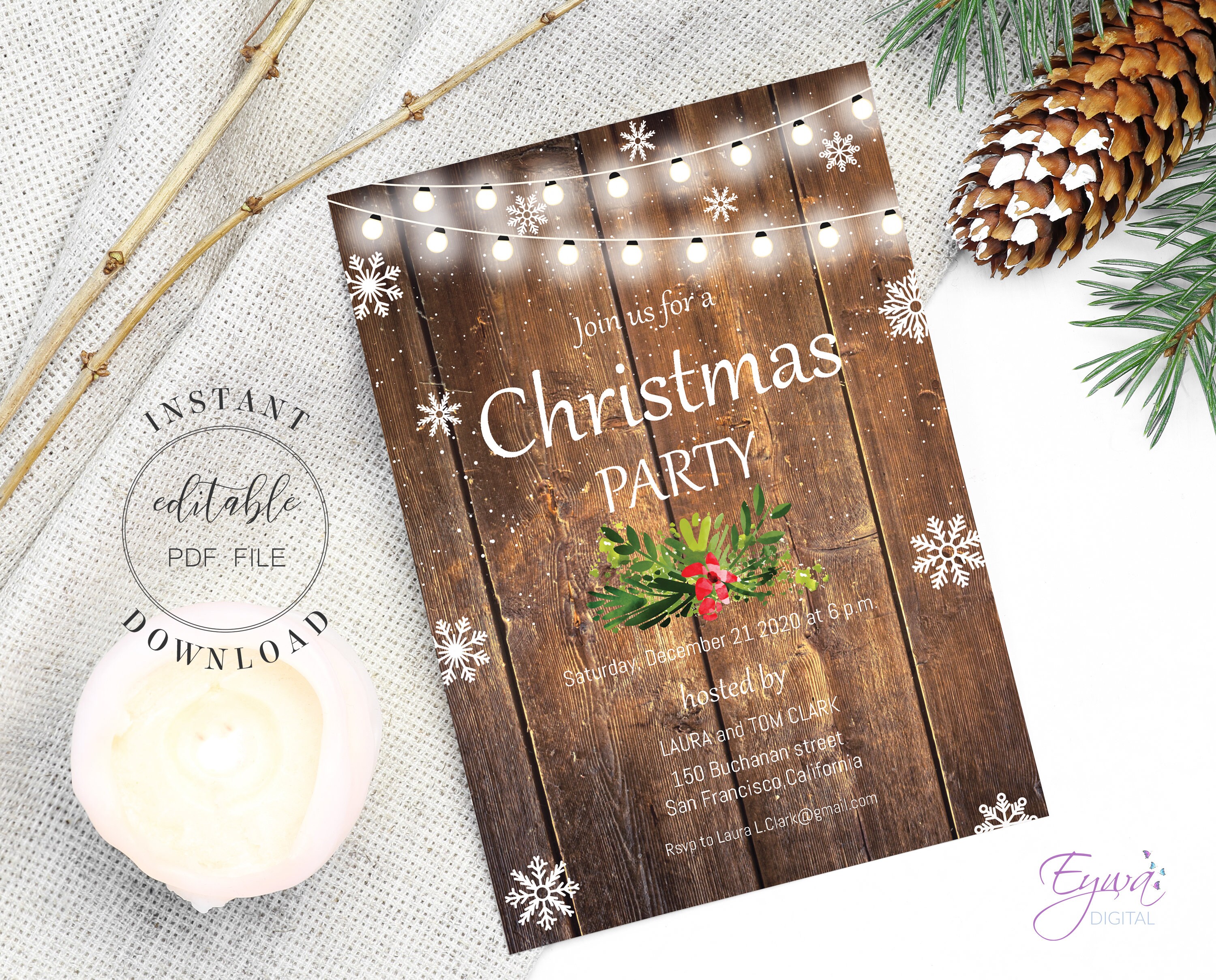 Rustic Christmas Party Invitation Template Editable Sparkly - Etsy