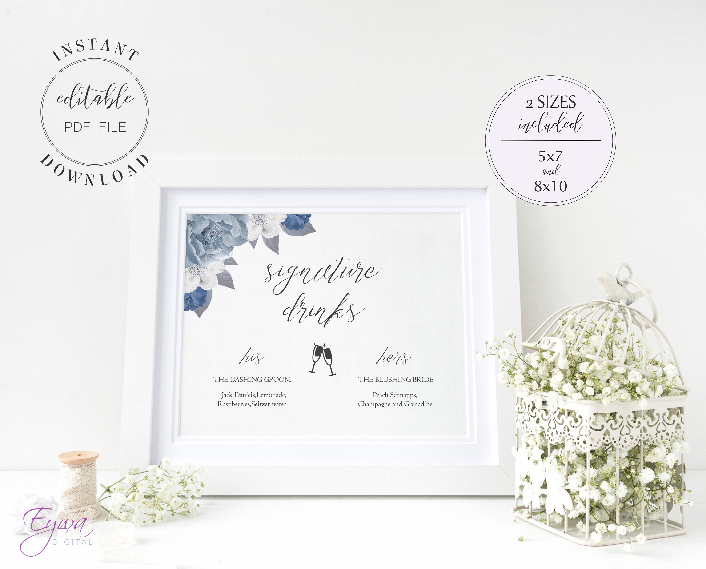 Silver and Blue Rose Wedding Menu Template Editable Dinner - Etsy