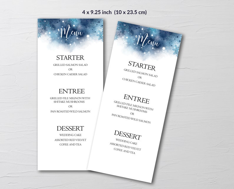 Blue Watercolor Wedding Menu Template Editable Winter Dinner Menu ...