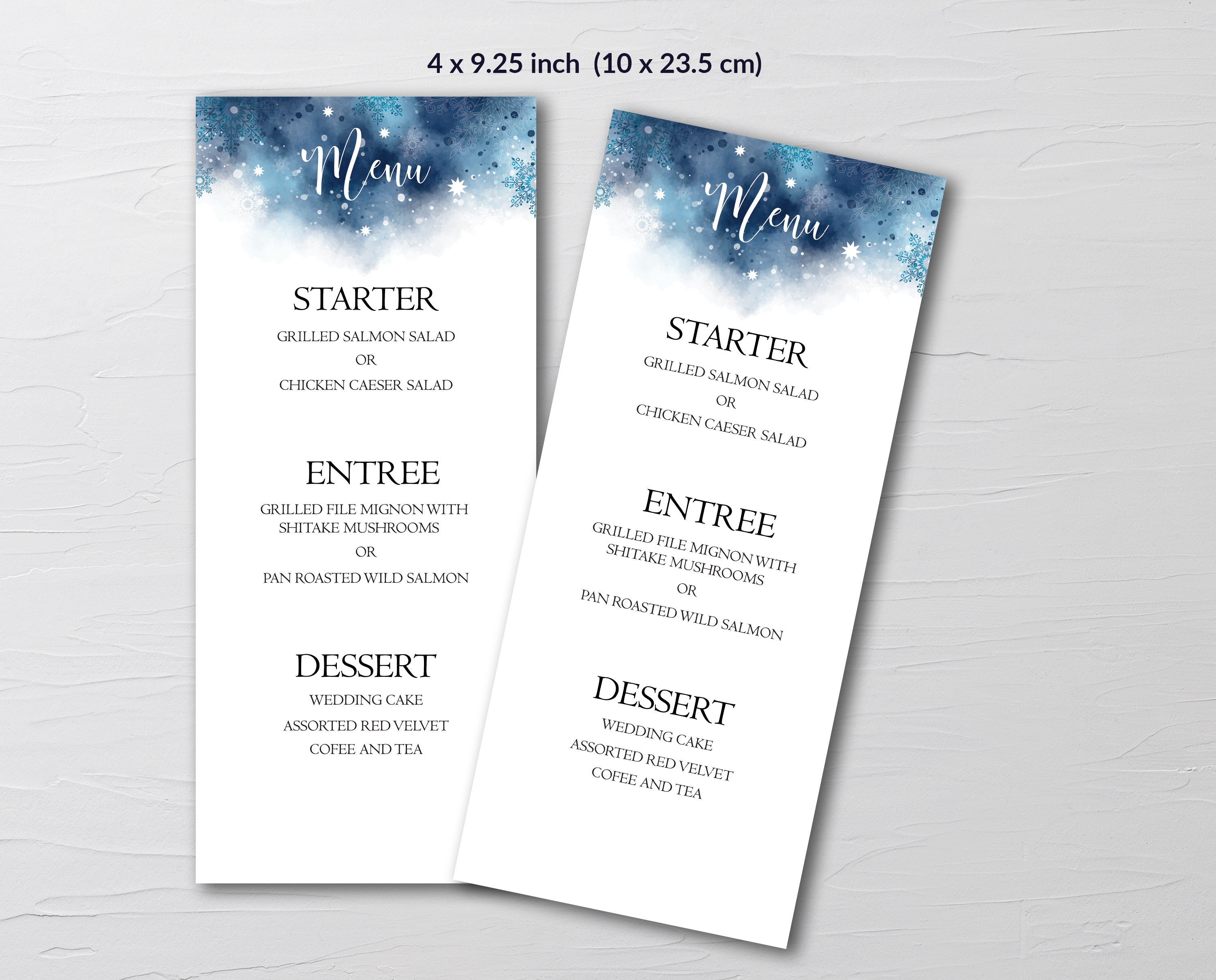 Blue Watercolor Wedding Menu Template Editable Winter Dinner Menu ...