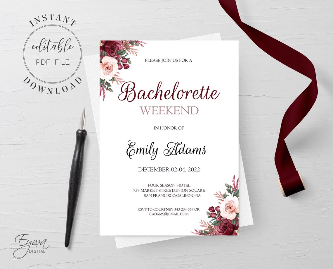 Burgundy Blush Bachelorette Weekend Invitation Template - Etsy