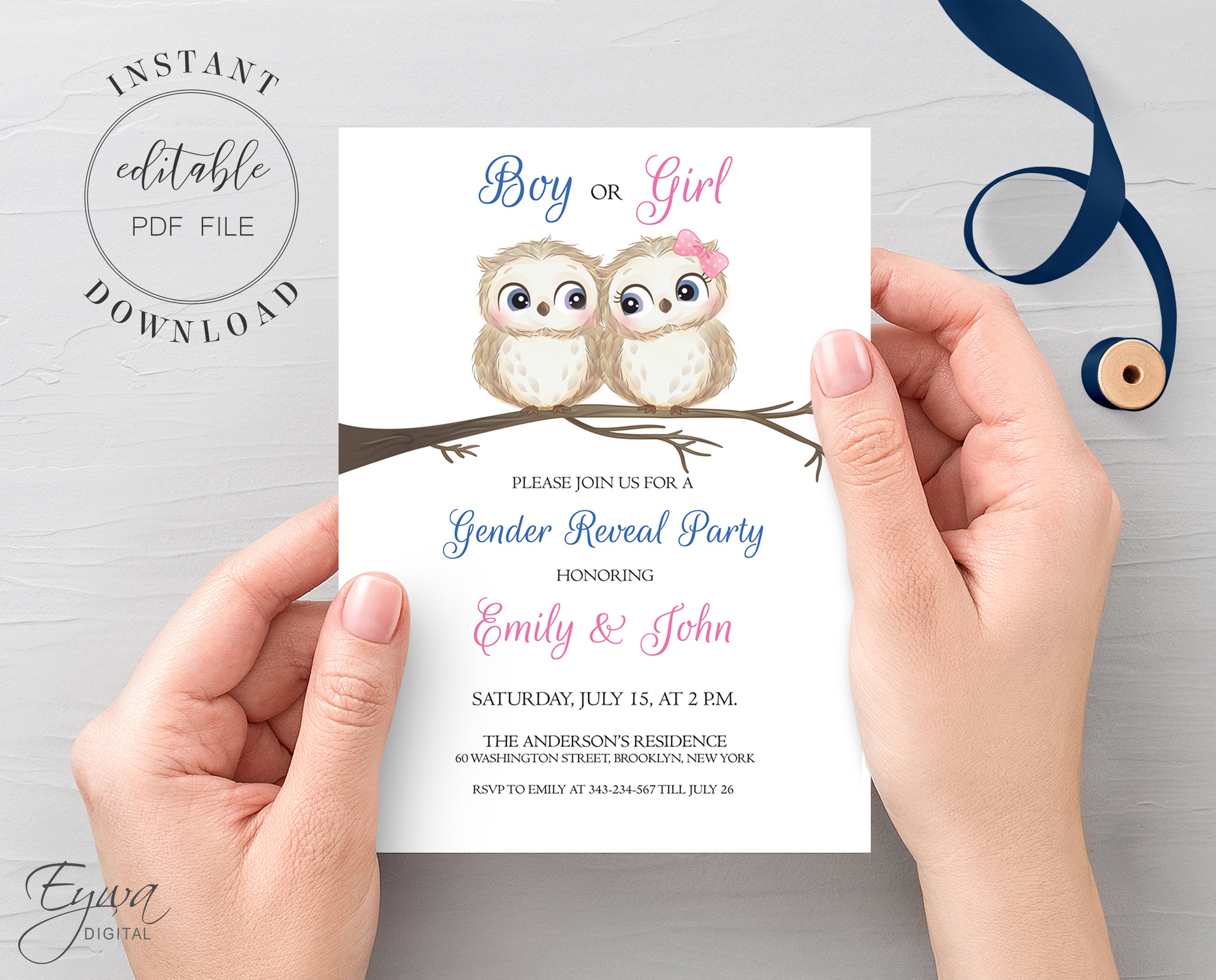 Baby Owls Gender Reveal Invitation Template Editable Blue and Pink ...