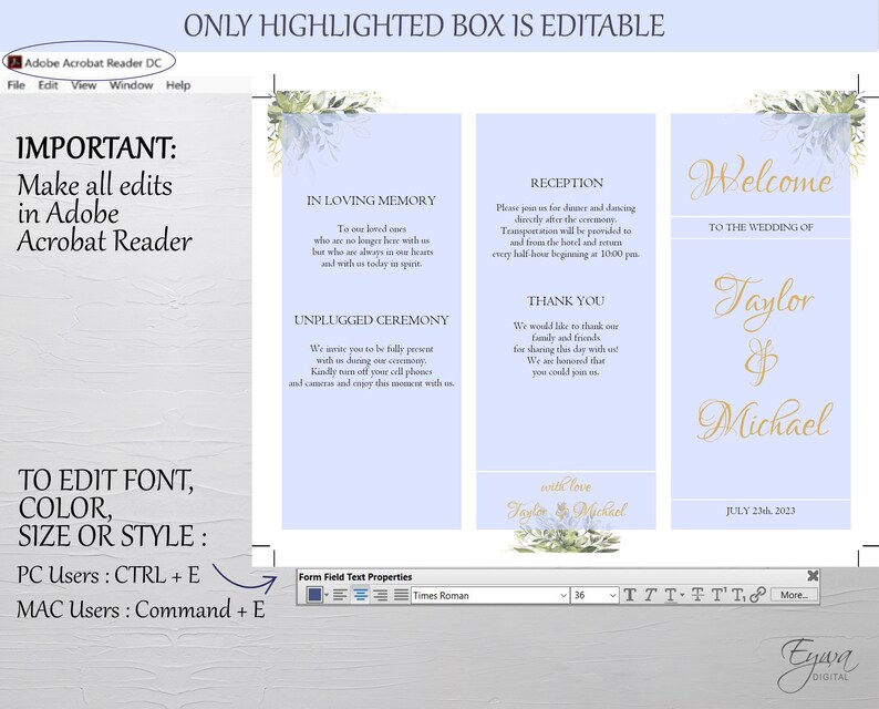 Greenery and Gold Trifold Wedding Program Template Editable - Etsy