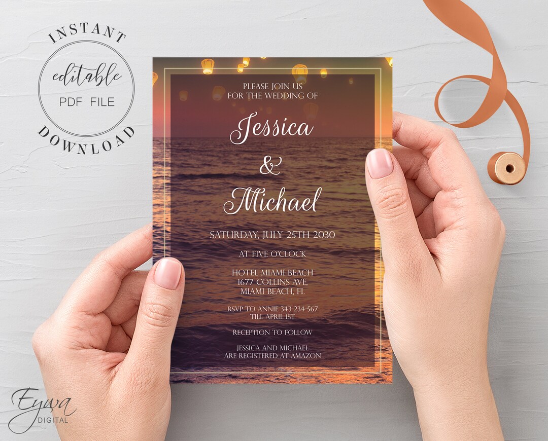 Sunset Beach Wedding Invitation Template: Editable Destination Invite ...