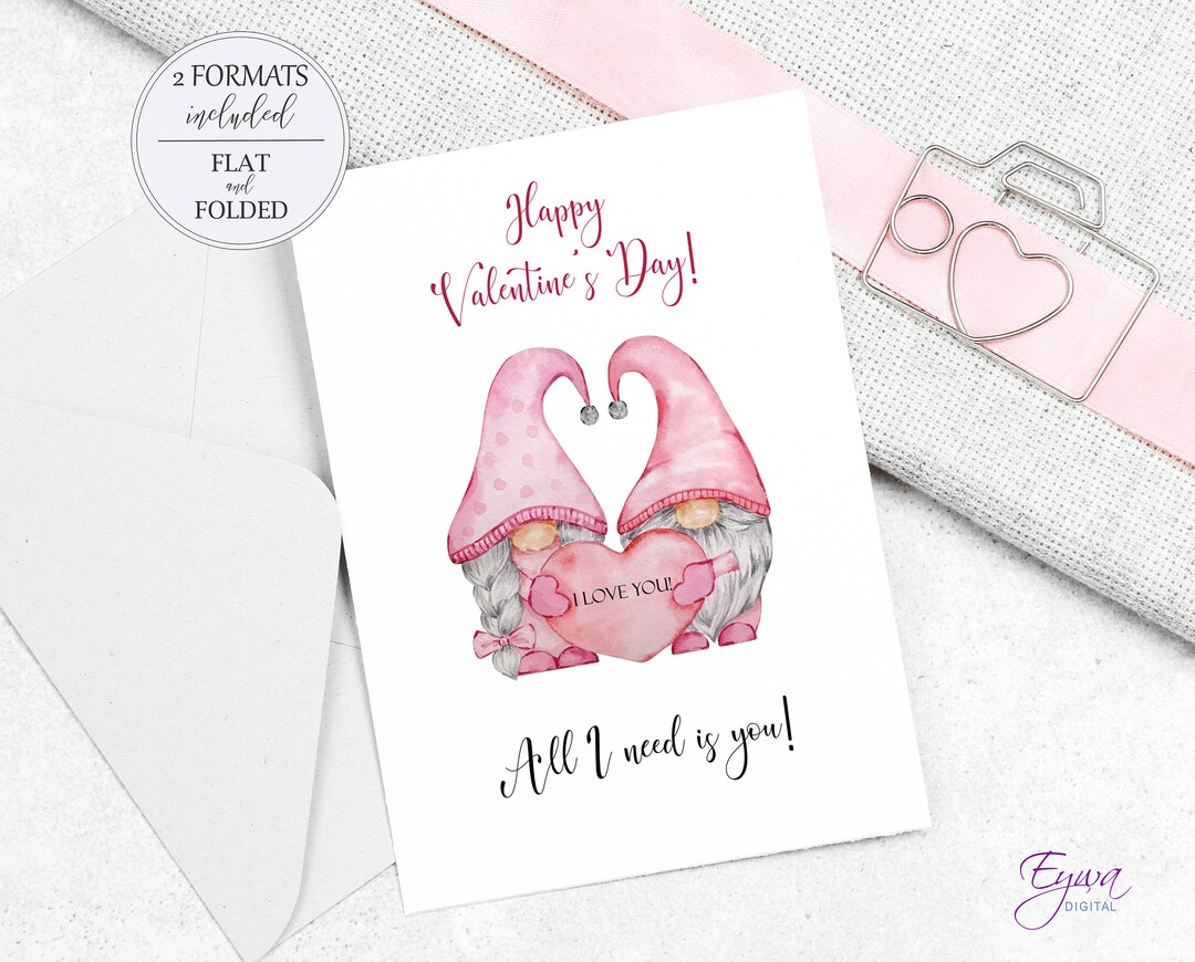 Gnomes Valentines Day Card Printable Happy Valentines Card I Love You ...
