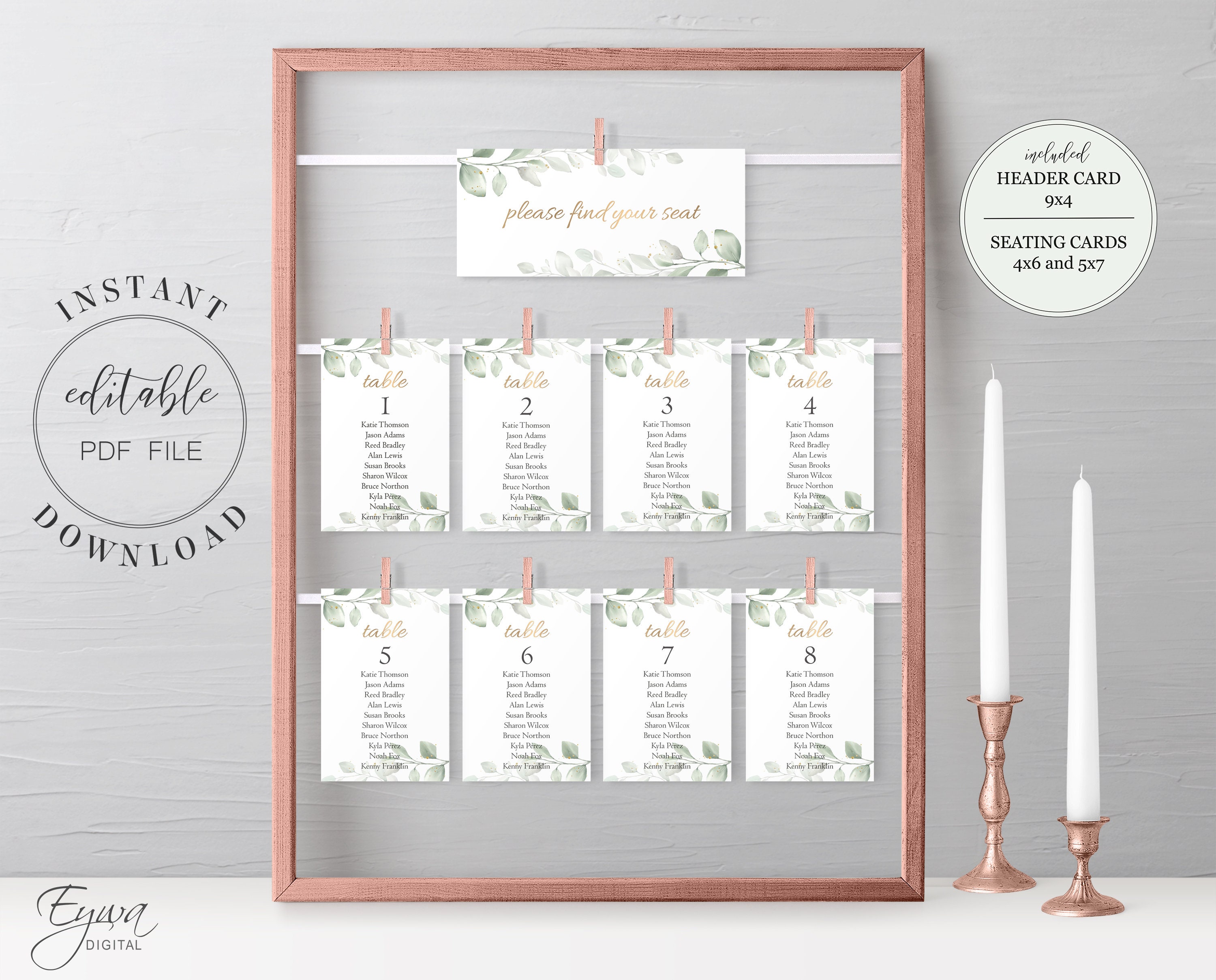 Greenery Wedding Seating Cards Template Printable Gold Seating Plan Editable Seat Chart DIY ...