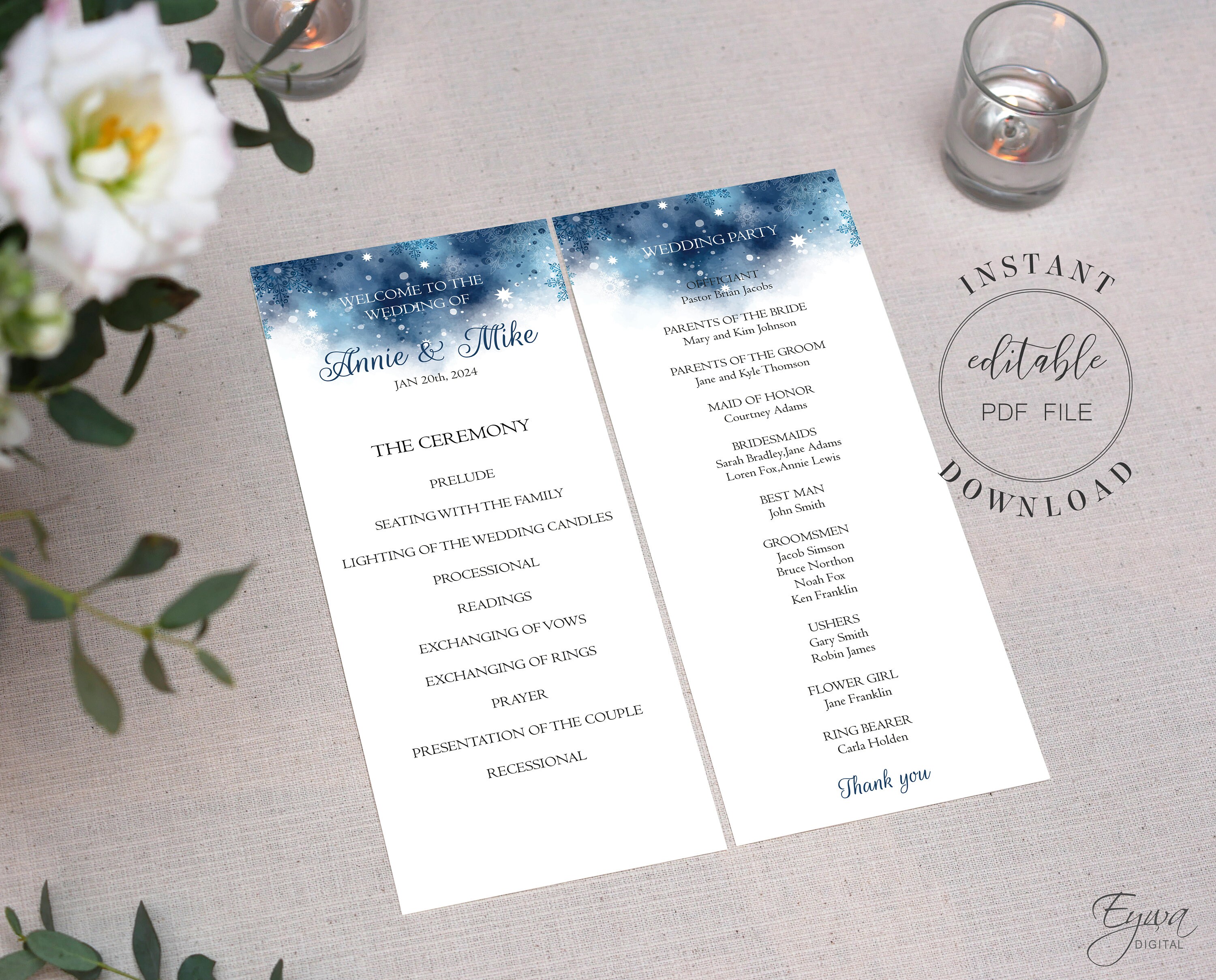 Winter Blue Wedding Program Template Editable Order of Service Blue ...
