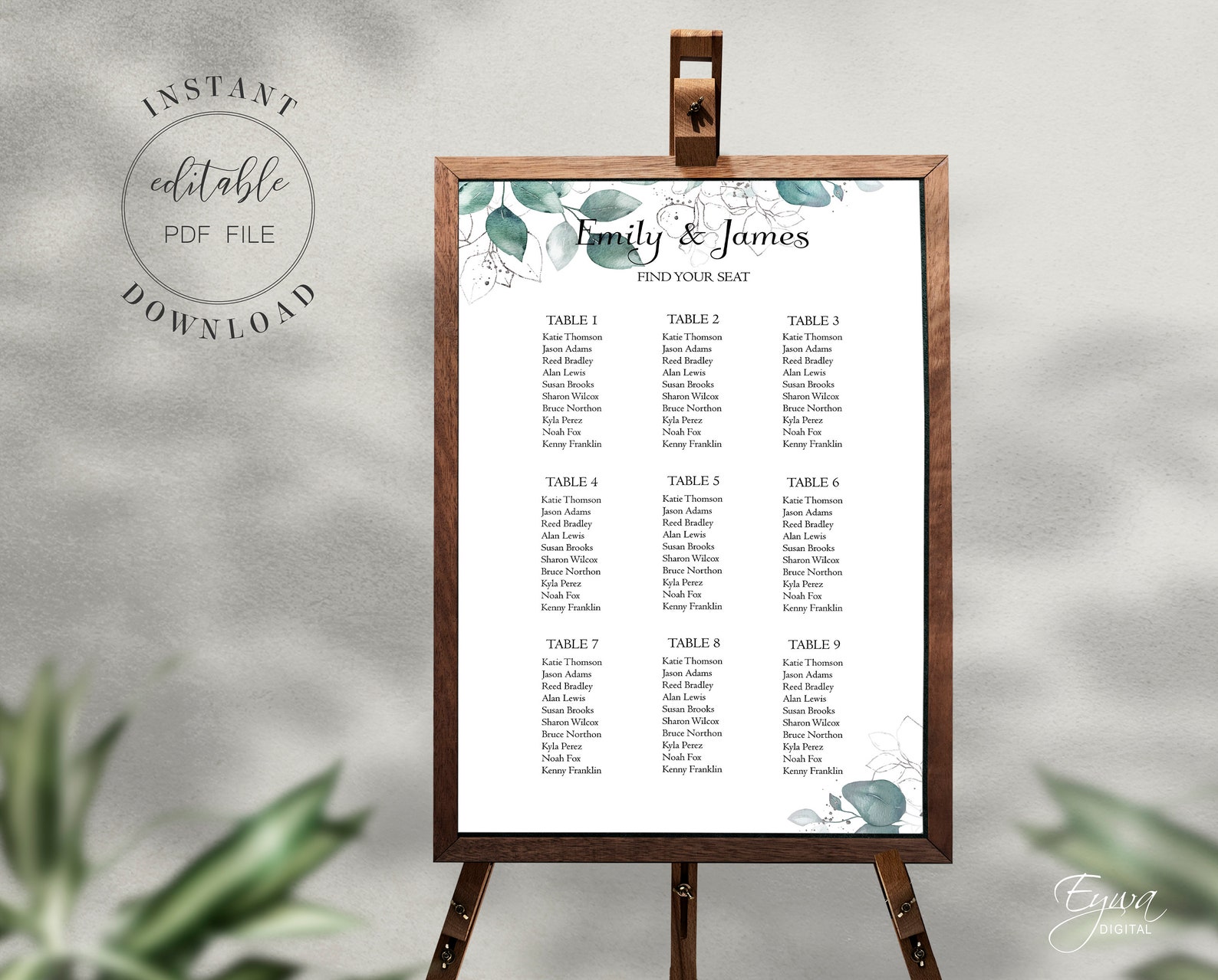 Eucalyptus Greenery Wedding Seating Chart Template Printable Seating ...