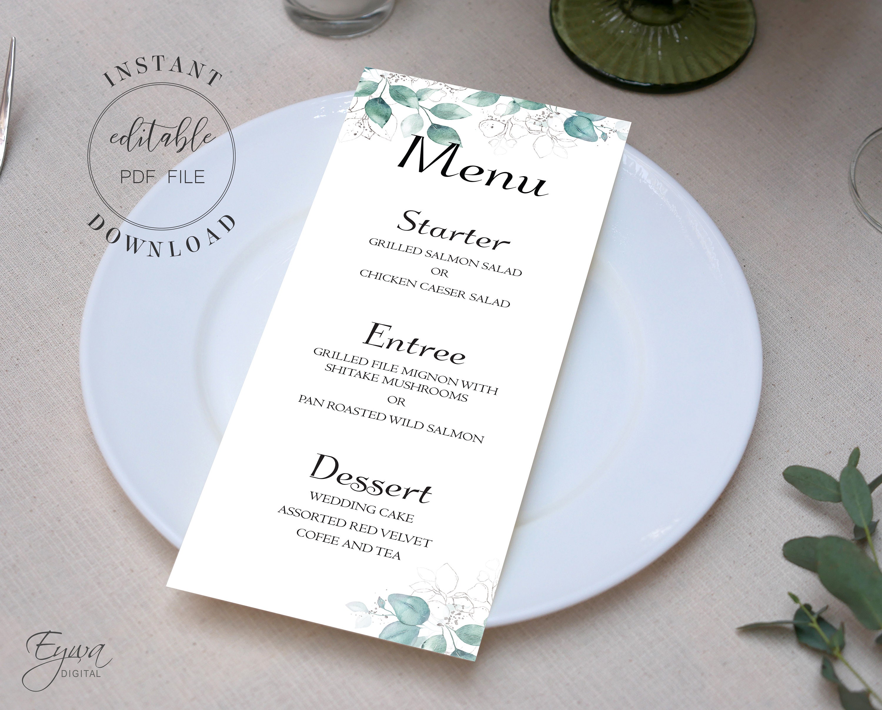 Eucalyptus Greenery Wedding Menu Template Editable Dinner Menu DIY ...