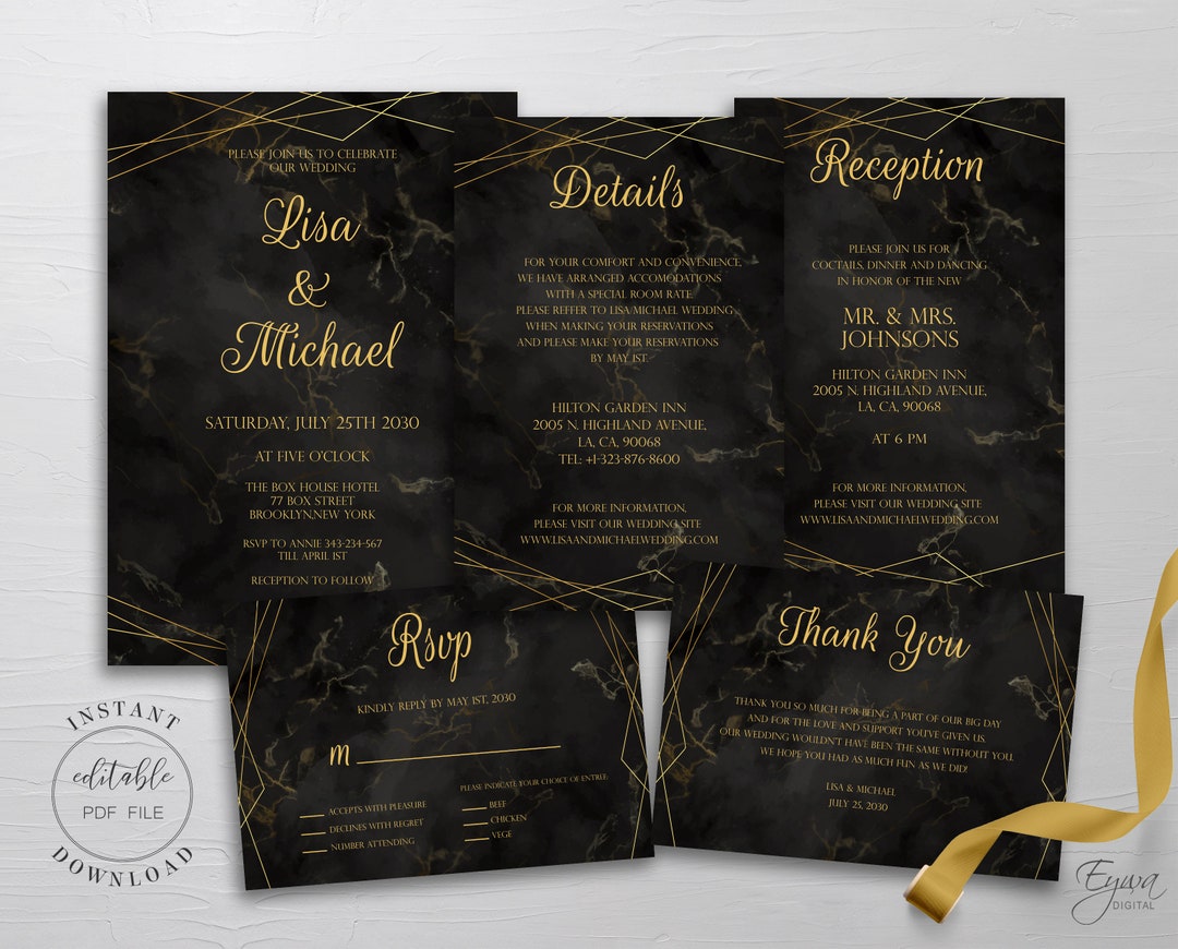 Minimalistic Black and Gold Wedding Invitation Set Template With ...