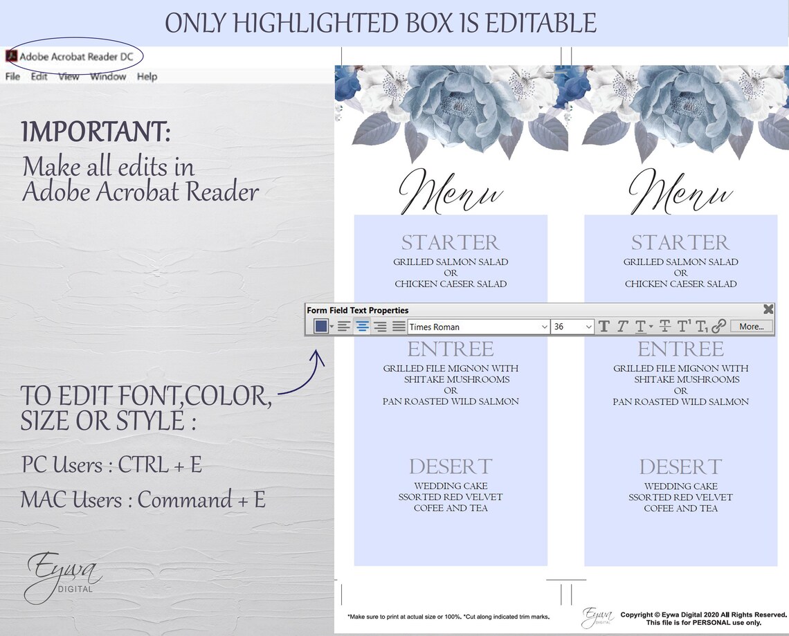 Silver and Blue Rose Wedding Menu Template Editable Dinner | Etsy