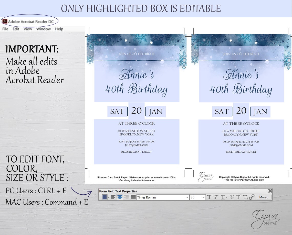 Blue Watercolor Birthday Invitation Template Editable Winter Wonderland ...