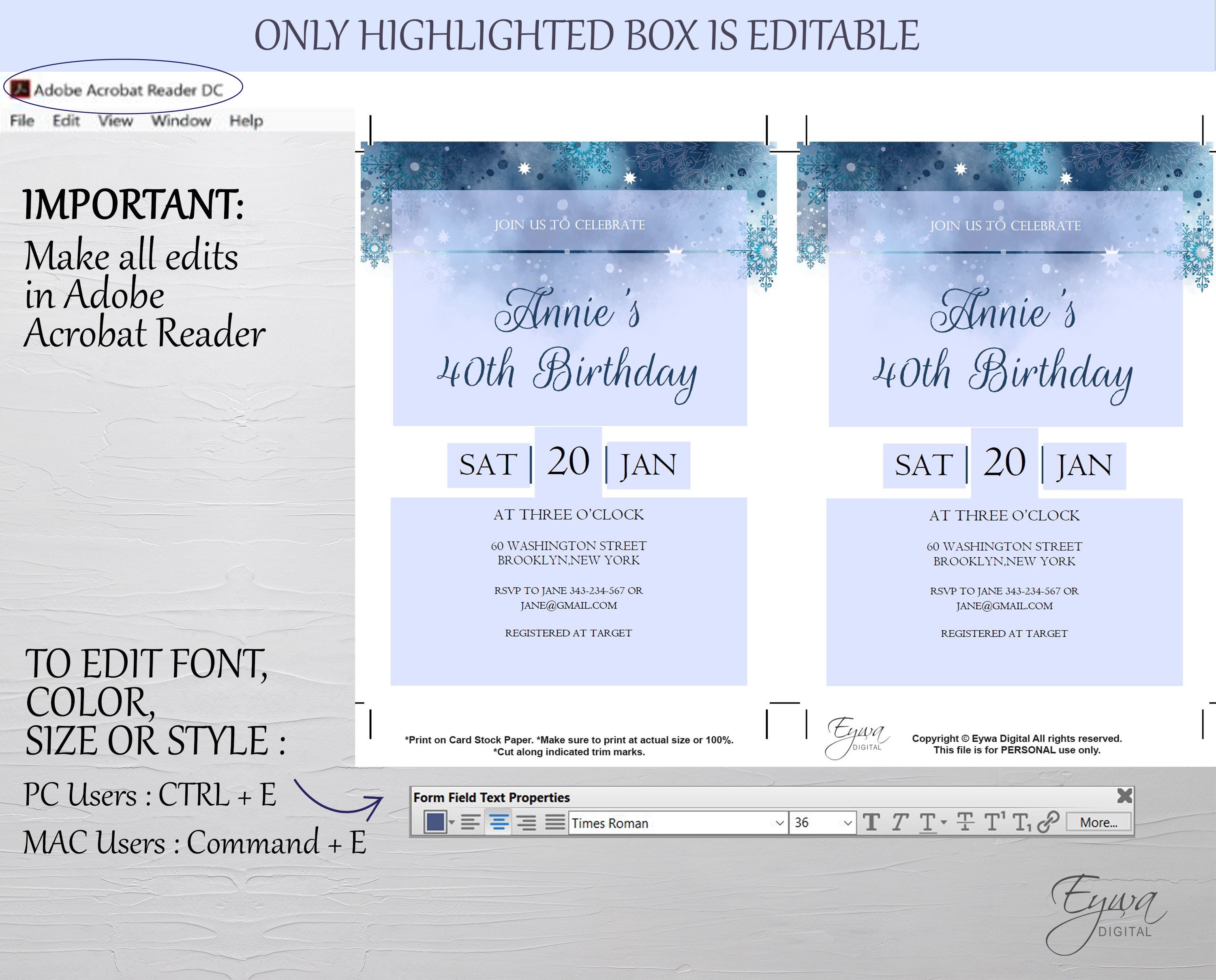 Blue Watercolor Birthday Invitation Template Editable Winter Wonderland ...