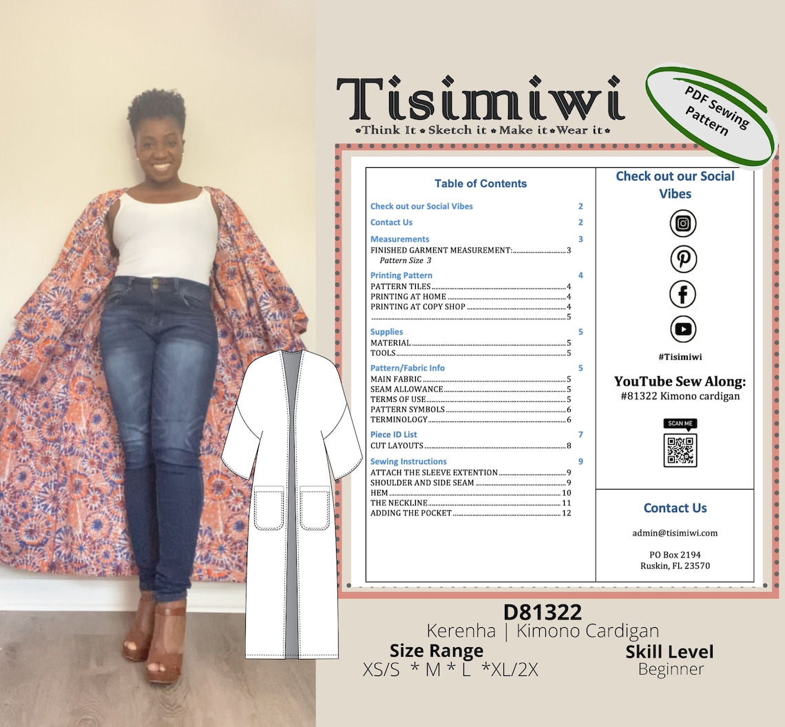 Kimono Cardigan Digital PDF Sewing Pattern US Size XS-2X - Etsy
