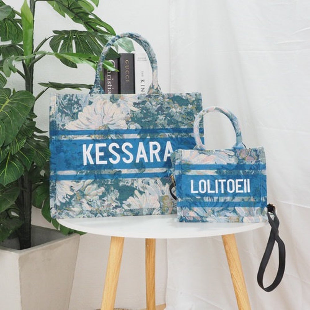 Book Tote Blue Bag Flower Embroidery Pattern With Name Personalisation ...