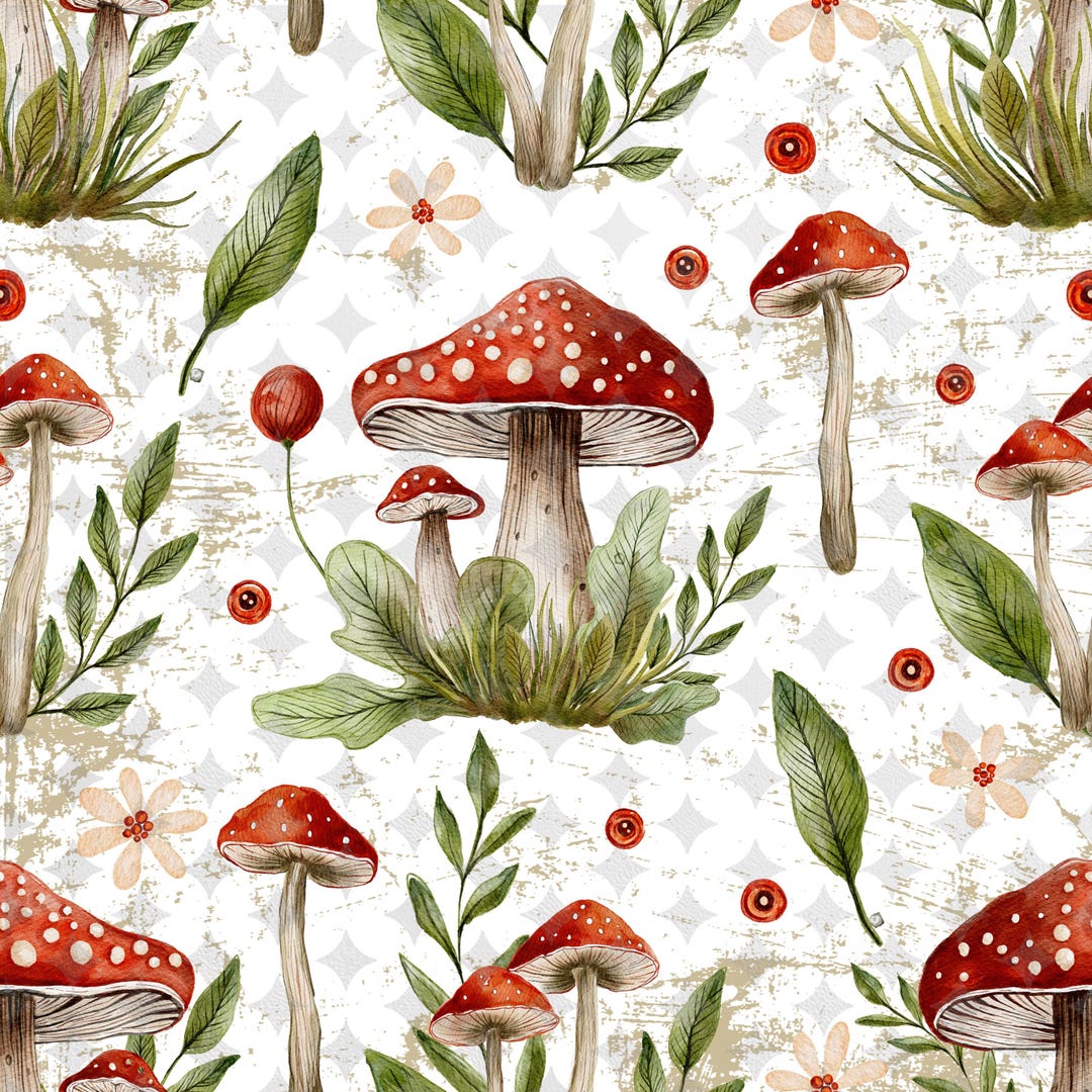 Mushroom Cottage Seamless Pattern, Mushrooms Digital Art Pattern ...