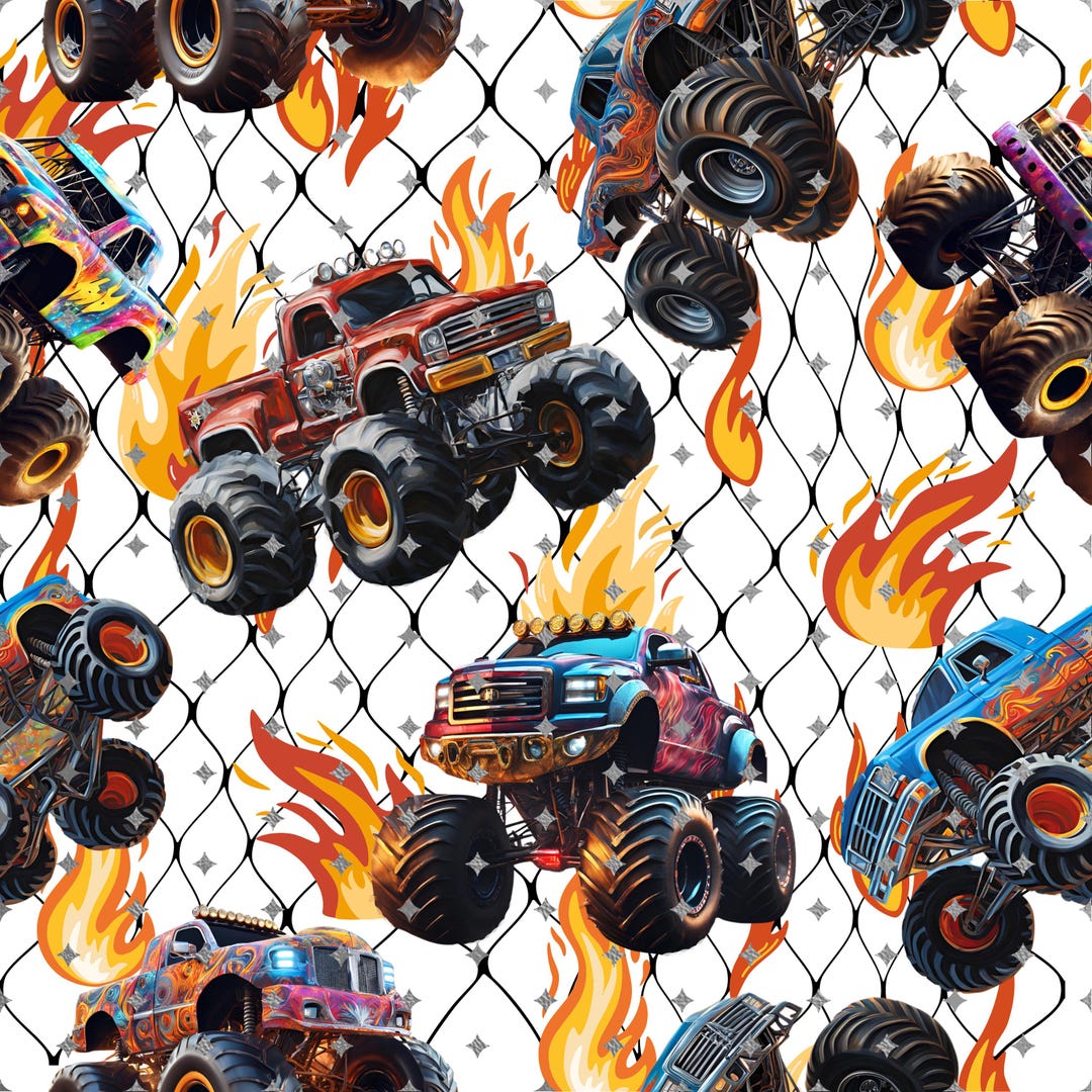 Fire Side Jamz Seamless Pattern, Monster Trucks Seamless Digital ...