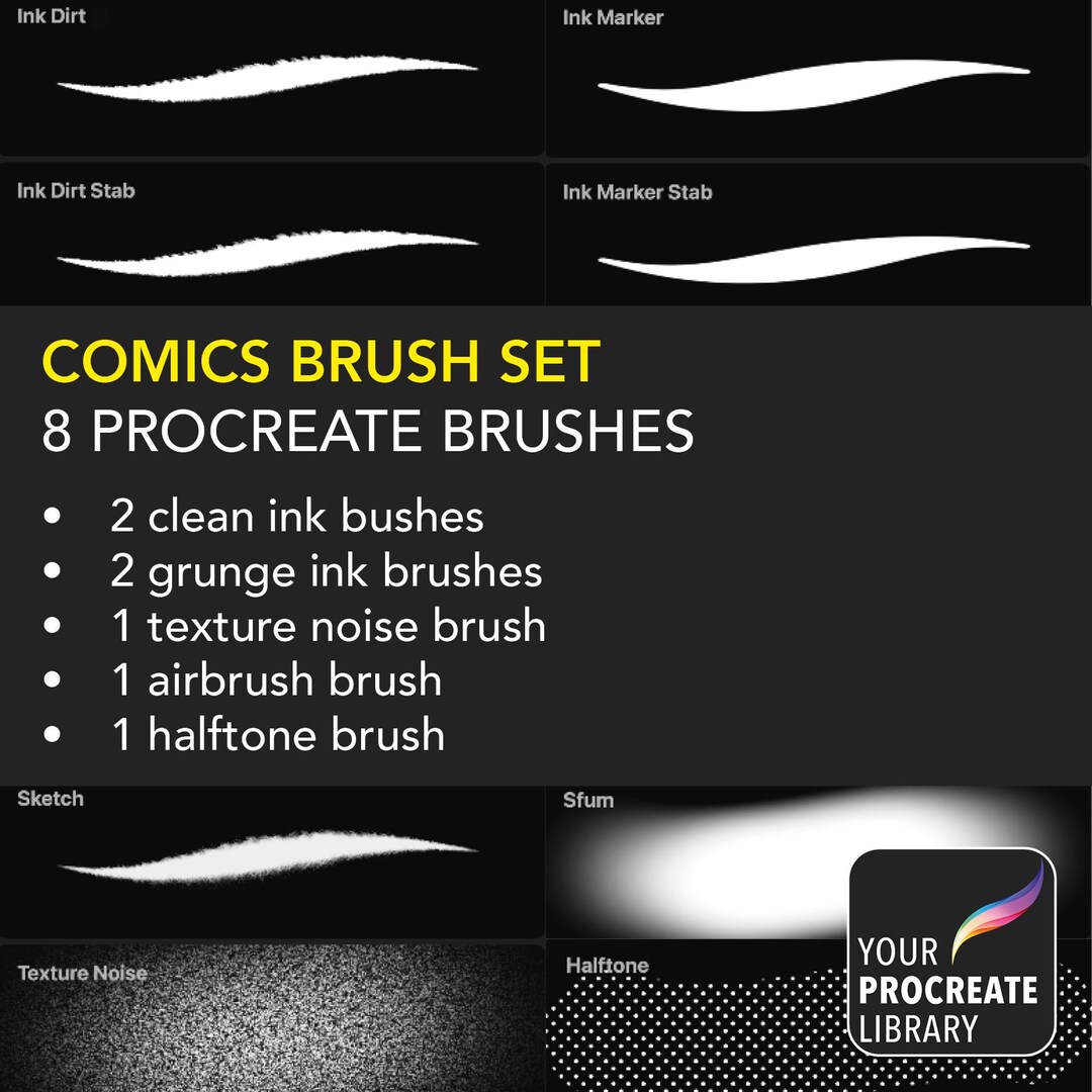 Comic Brushes Set 8 Procreate Brushes 22 Ink Brushes, 1 Sketch Brush, 1 Texture Noise Brush, 1 ...