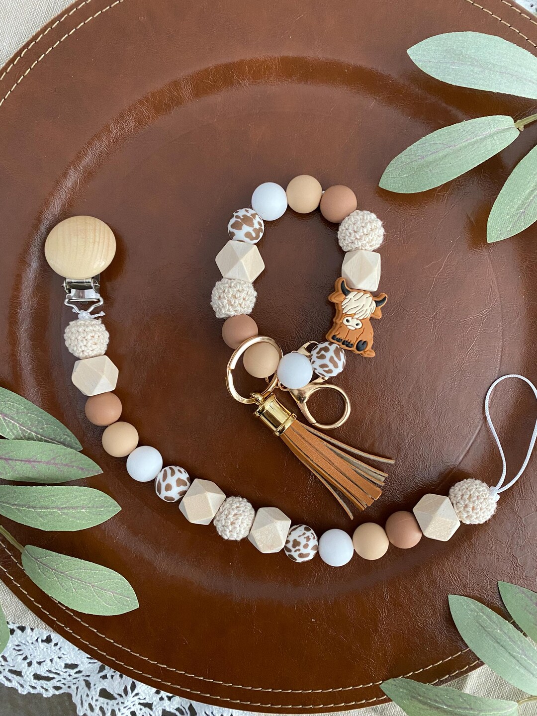 Mommy & Me Duo - Highland Cow Pacifier Clip and Matching Wristlet ...