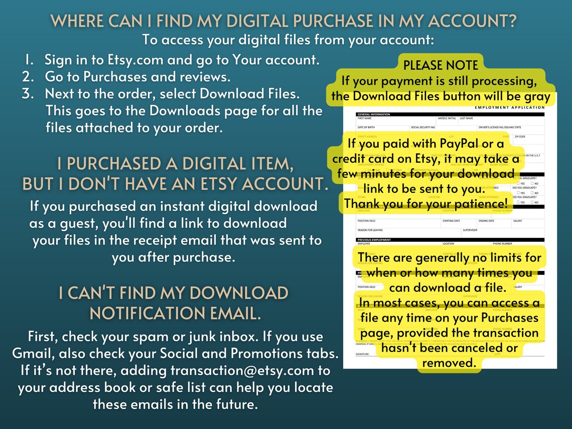 Printable Employment Application PDF Digital Job Application Template ...