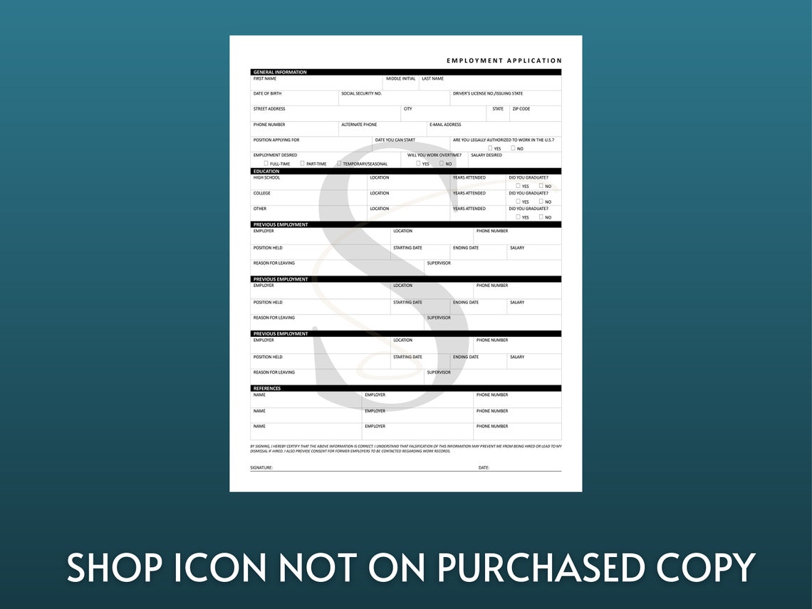 Printable Employment Application PDF Digital Job Application - Etsy