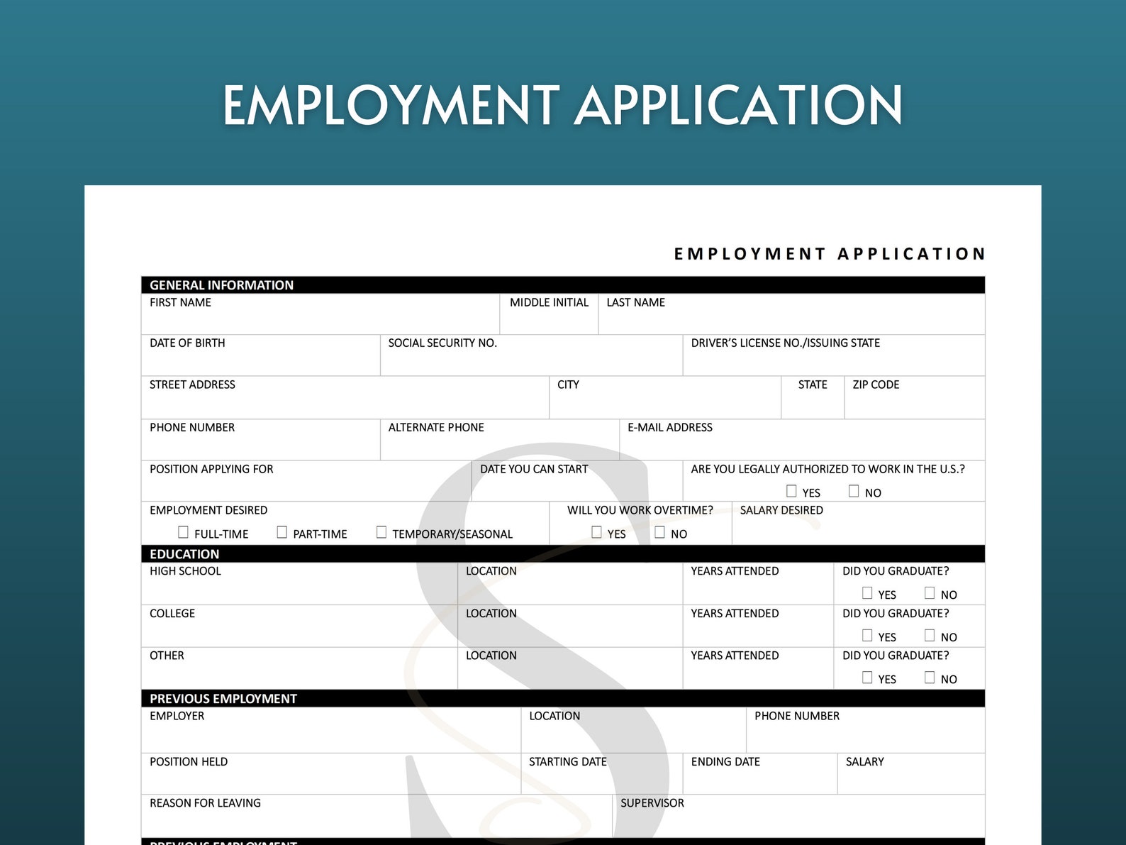 Printable Employment Application PDF Digital Job Application Template ...