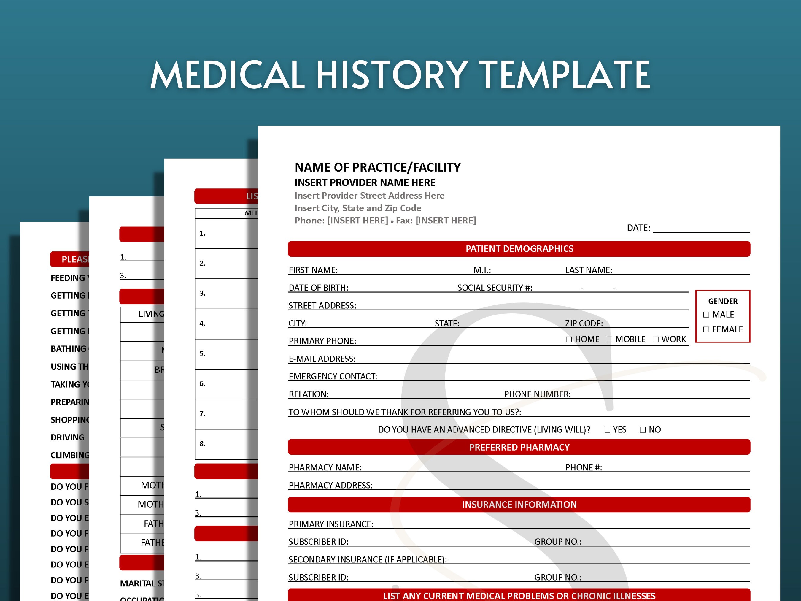 Printable Patient History Form Digital Download Family Medical History Form Patient Demographic ...