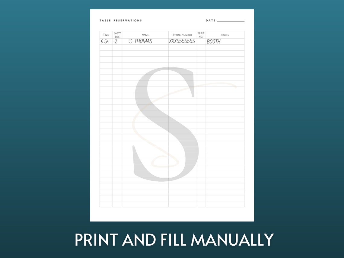 Printable Table Reservation List Digital Download Restaurant Seating ...