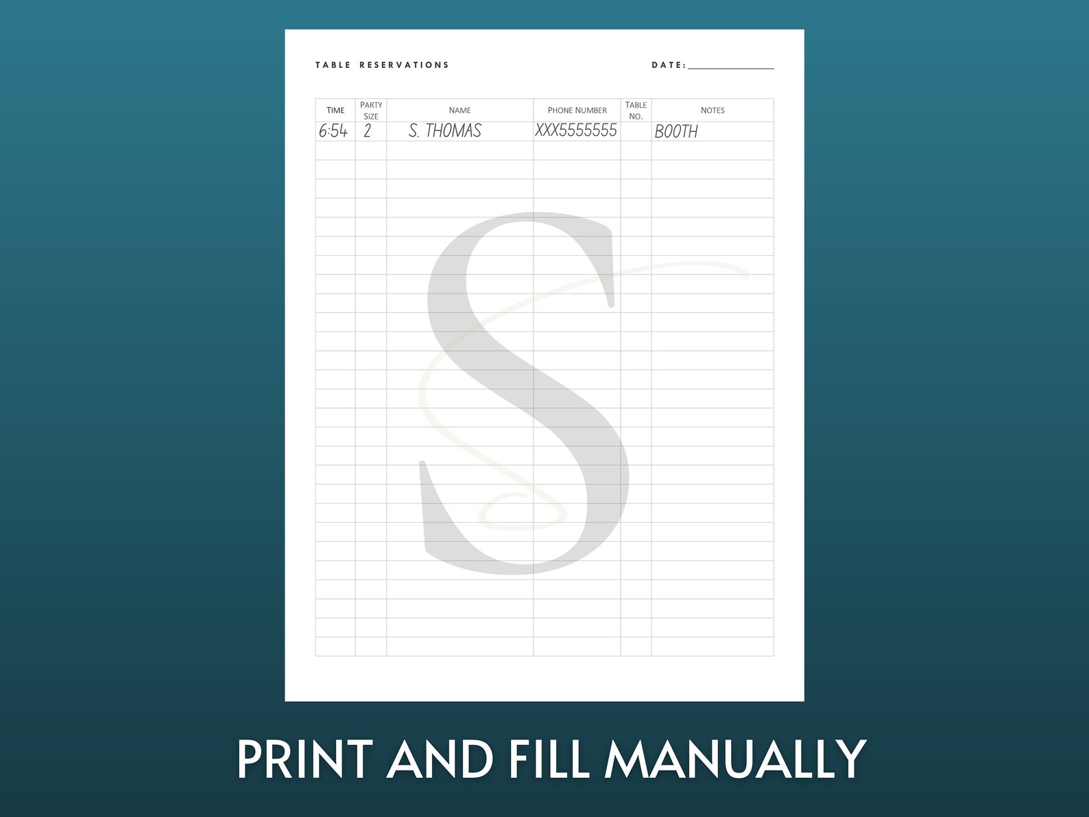 Printable Table Reservation List Digital Download Restaurant Seating ...