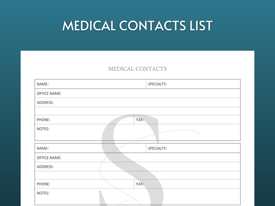 Printable Medical Contacts List Digital Download Emergency Binder ...