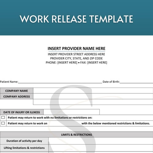 Printable Doctor Excuse Template Medical Office Forms Work - Etsy