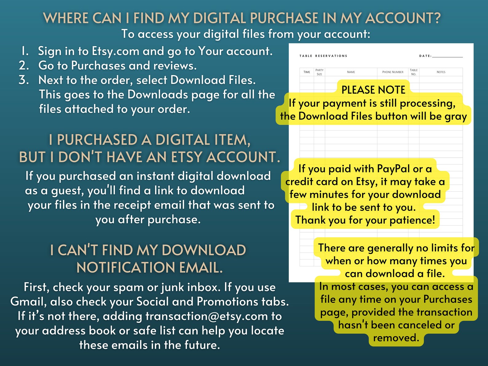 Printable Table Reservation List Digital Download Restaurant Seating ...
