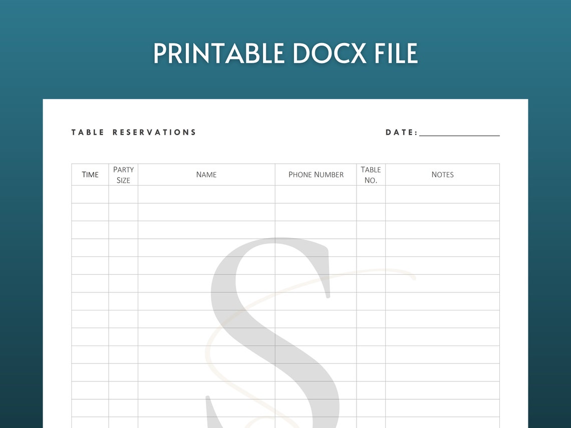 Printable Table Reservation List Digital Download Restaurant Seating ...