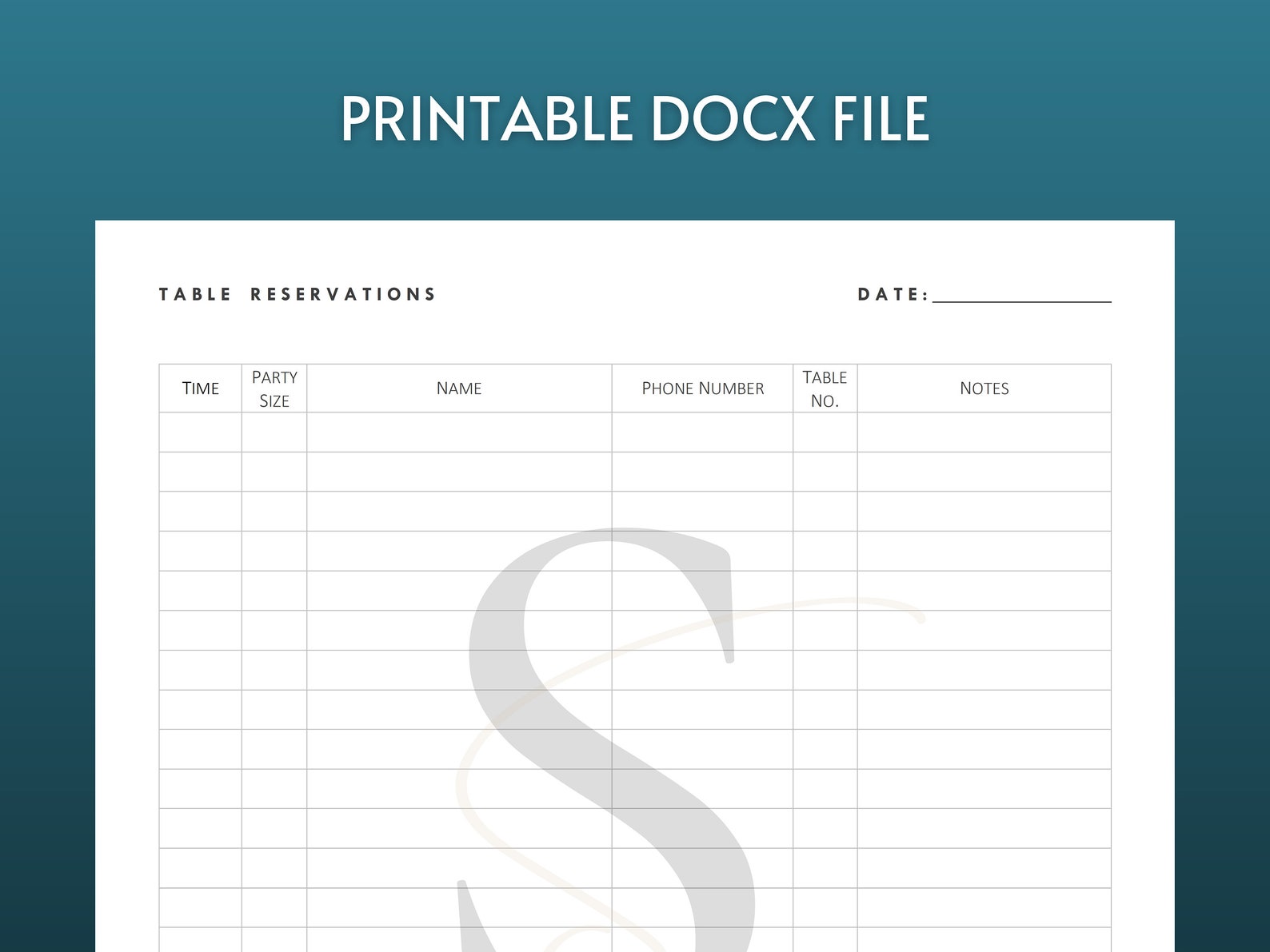 Printable Table Reservation List Digital Download Restaurant Seating ...