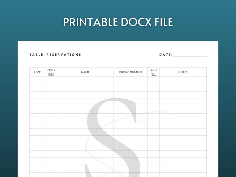 Printable Table Reservation List Digital Download Restaurant Seating ...
