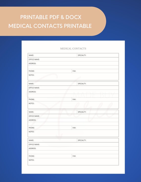 Printable Medical Contacts List Digital Download Emergency | Etsy