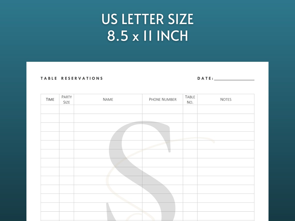 Printable Table Reservation List Digital Download Restaurant Seating ...