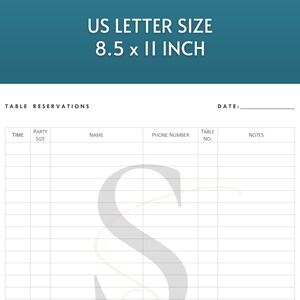 Printable Table Reservation List Digital Download Restaurant Seating ...
