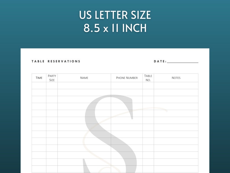 Printable Table Reservation List Digital Download Restaurant Seating ...