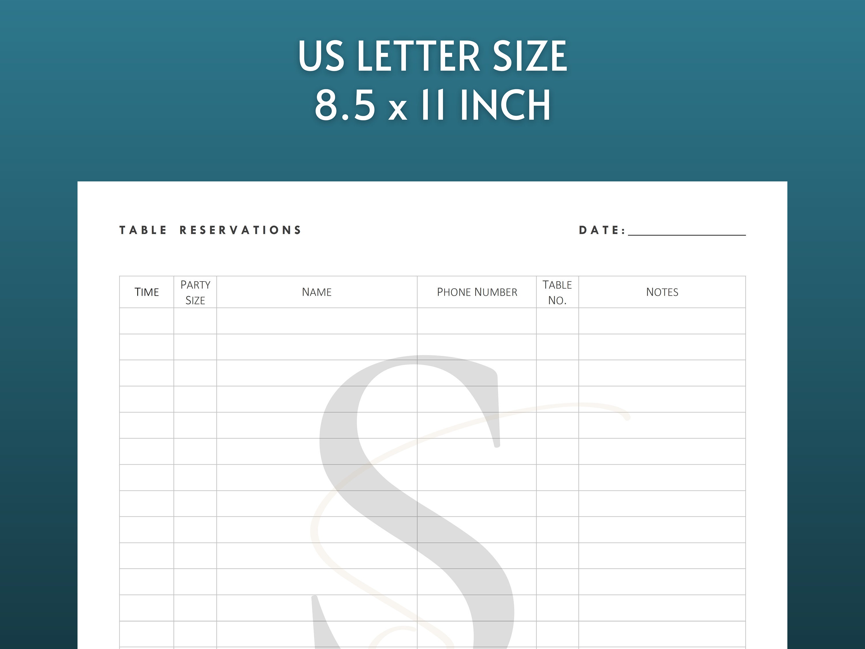 Printable Table Reservation List Digital Download Restaurant Seating ...