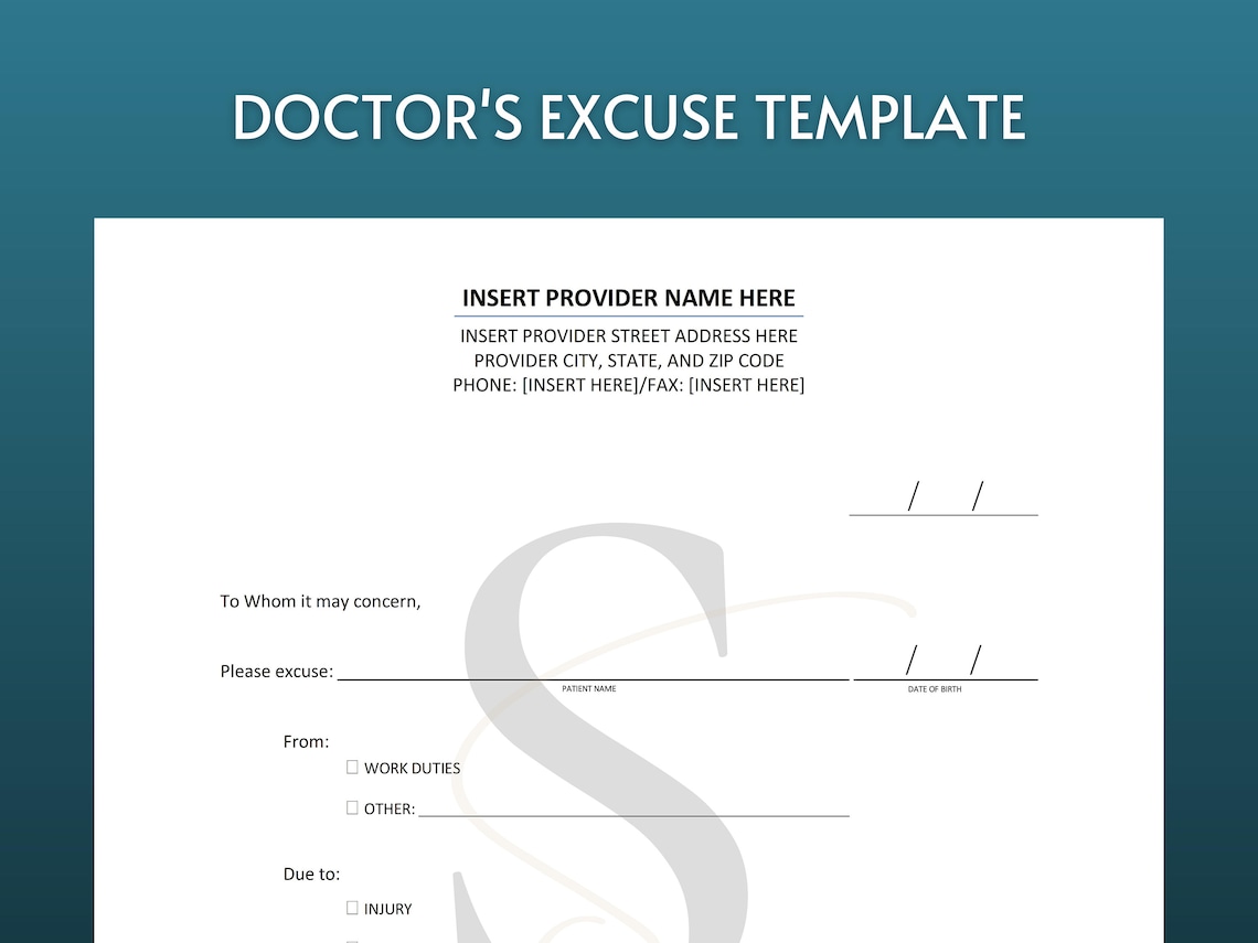 Printable Doctor's Excuse Template Medical Office Forms - Etsy