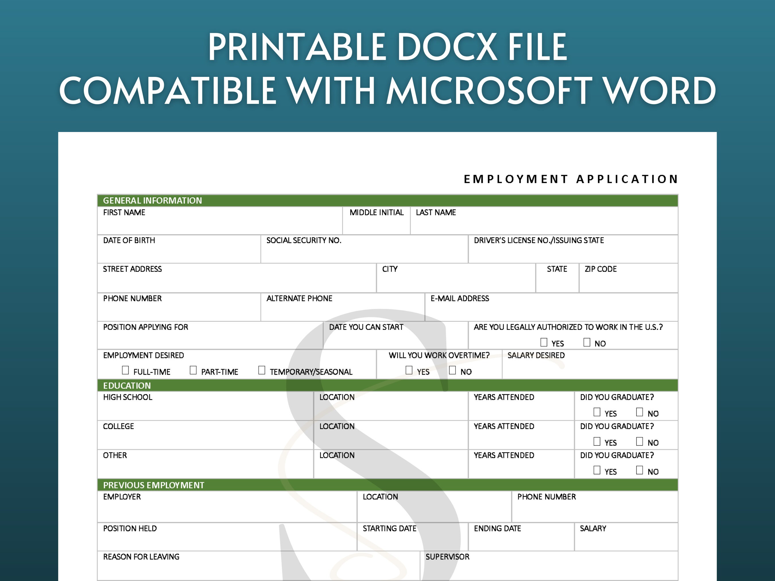 Printable Employment Application Form Digital Download Job Application ...