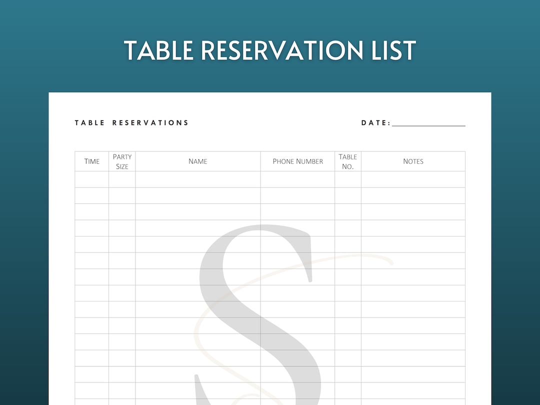 Printable Table Reservation List Digital Download Restaurant Seating ...