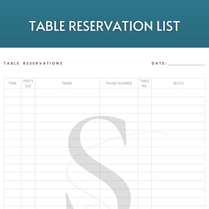 Printable Table Reservation List Digital Download Restaurant Seating ...