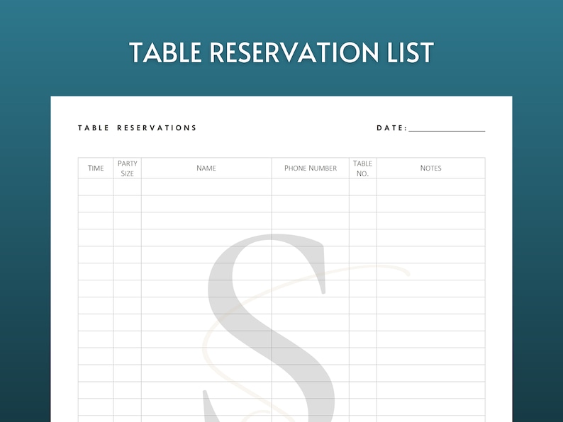 Printable Table Reservation List Digital Download Restaurant Seating ...