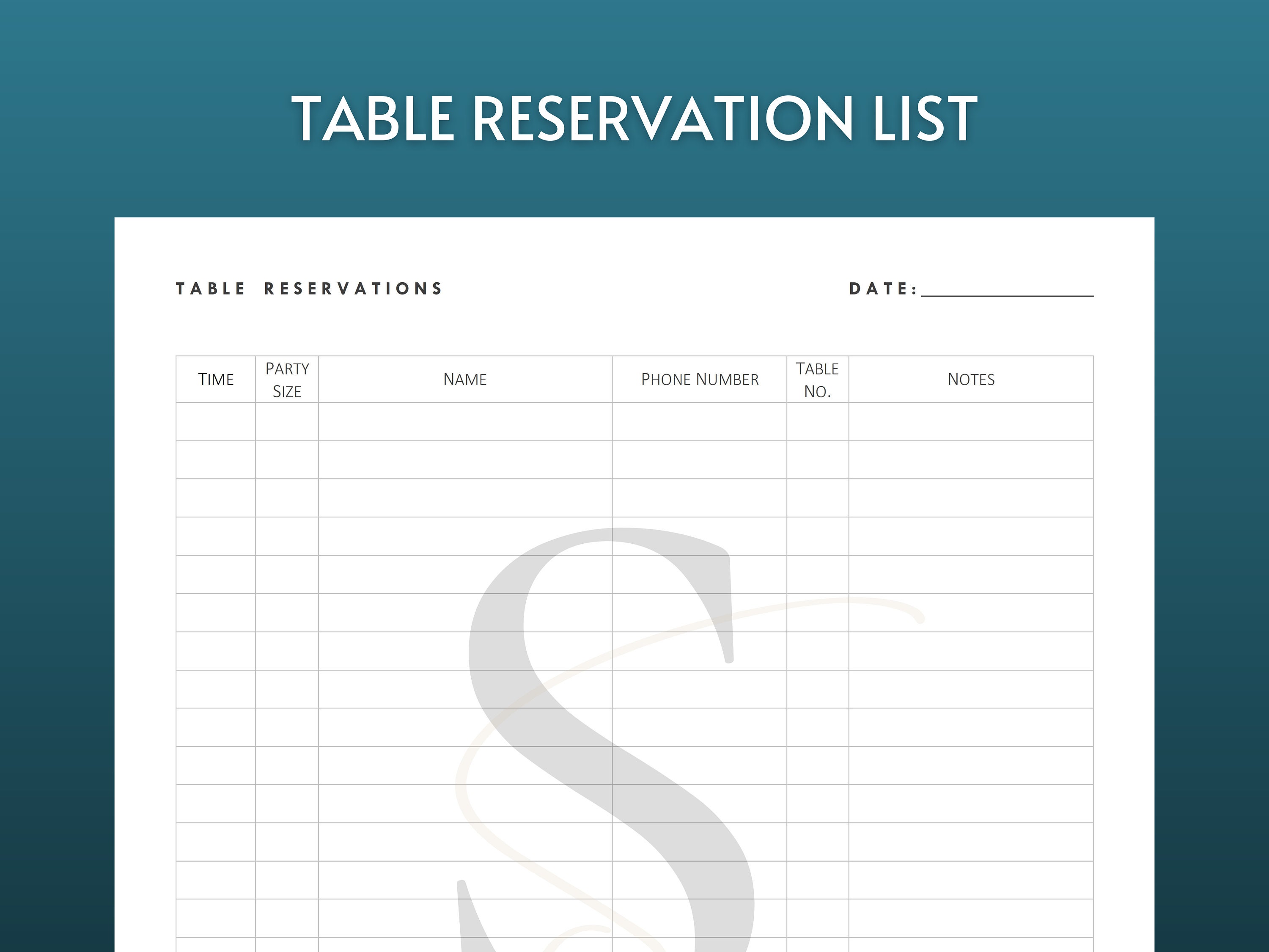 Printable Table Reservation List Digital Download Restaurant Seating ... Printable Table Reservation List Digital Download Restaurant Seating ...